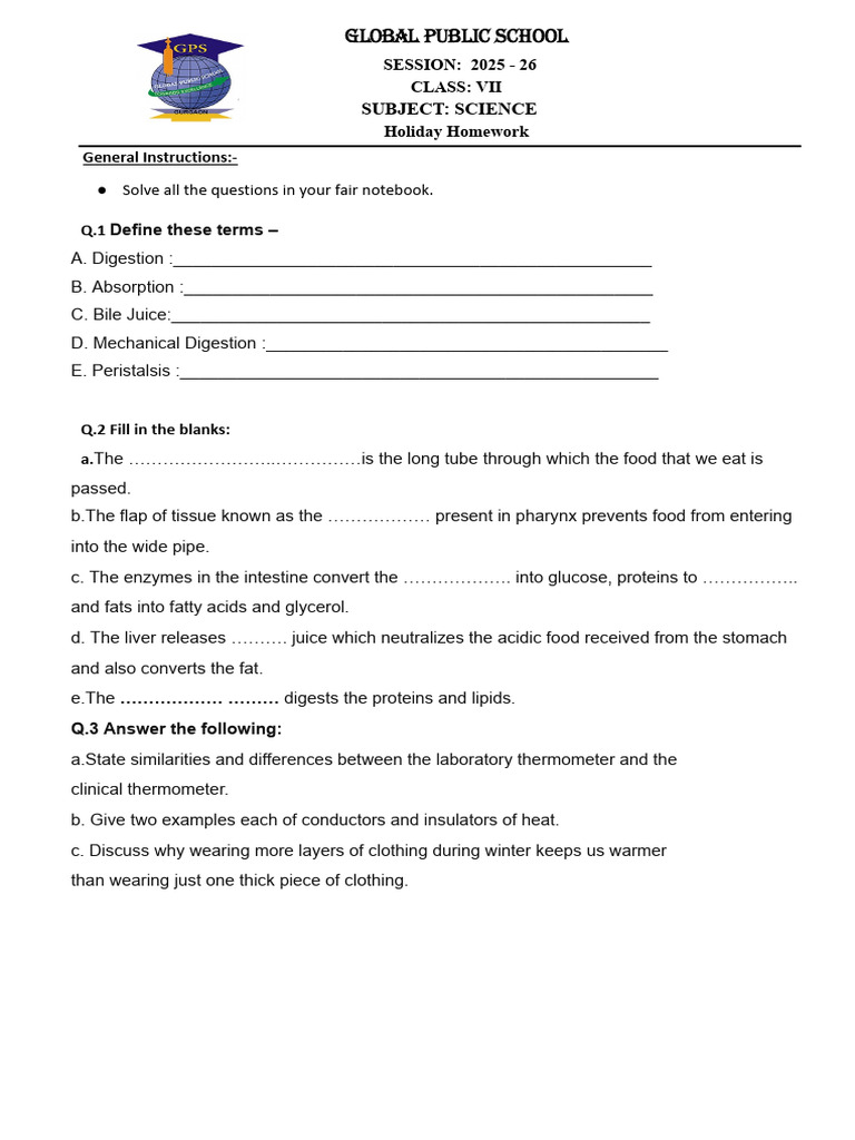 Worksheet HHW Class 7 Science. | PDF