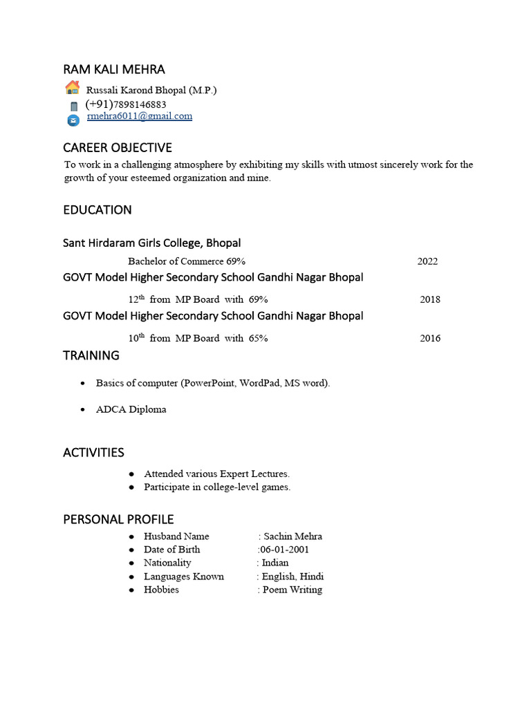 Ram Kali Mehra Resume | PDF