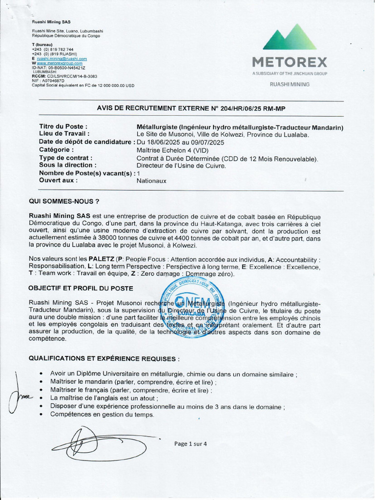 Ruashi Mining - Projet Musonoi - Avis de Recrutement - Metallurgist | PDF