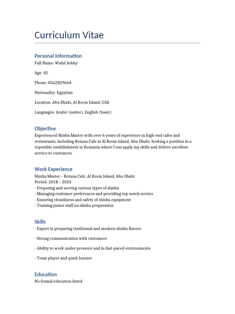 Walid Sobhy CV Shisha Master | PDF