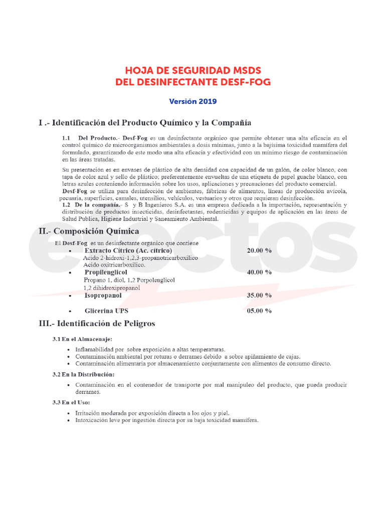 Hoja de Seguridad Msds Del Desinfectante - Desf Fog | PDF