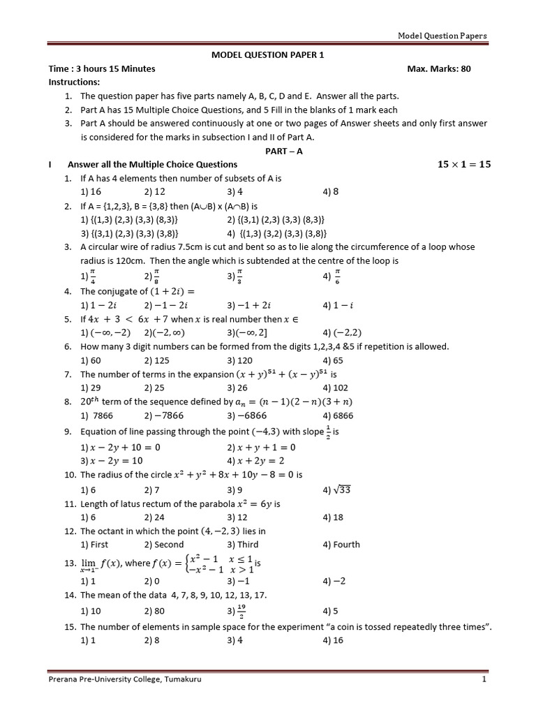I PUC Model Question Papers Maths | PDF | Function (Mathematics ...