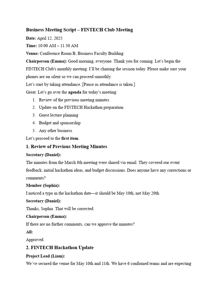 Meeting Script To Write Minutes | PDF