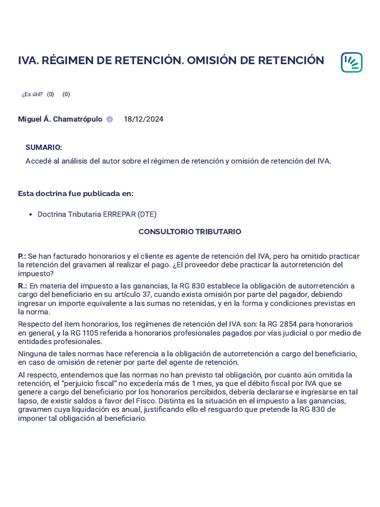 Iva. Régimen de Retención. Omisión de Retención | PDF