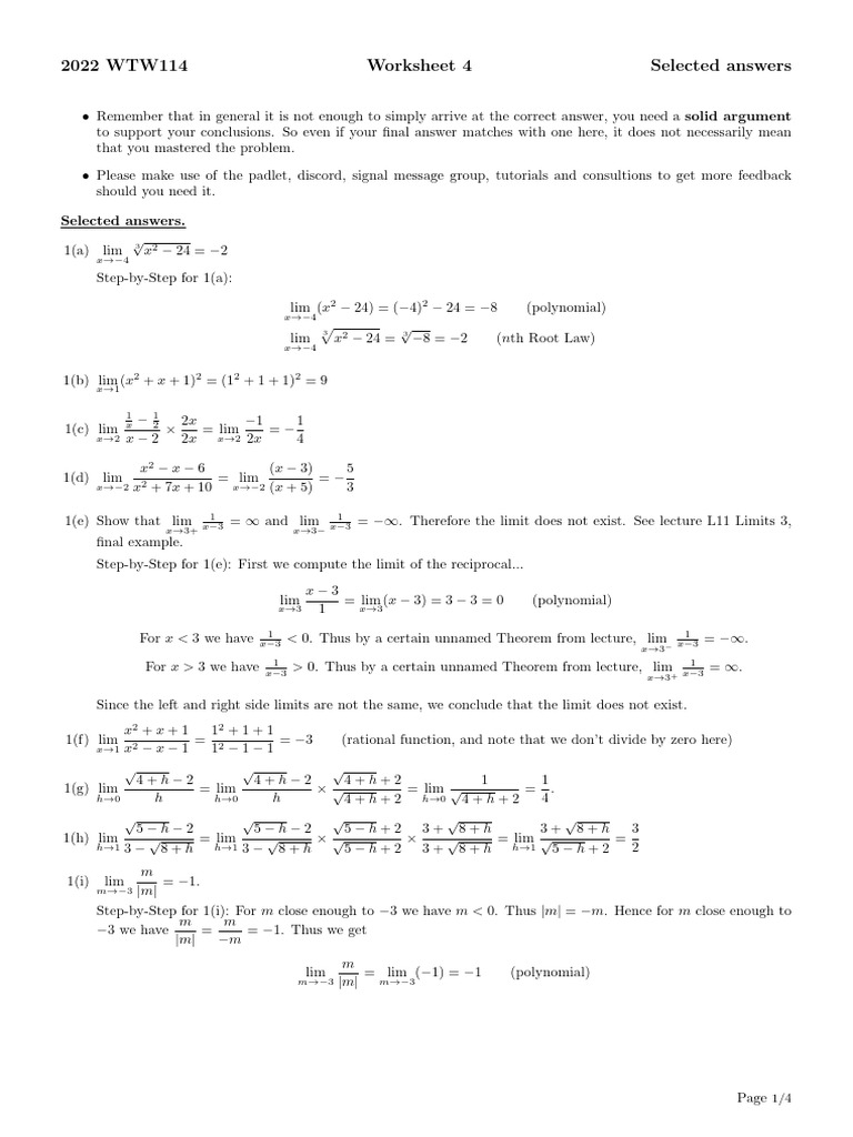 Worksheet 4 - Selected Answers | PDF | Square Root | Mathematical Objects