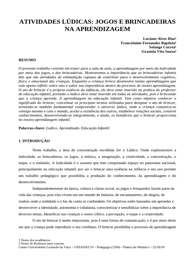 Atividades Lúdicas Jogos e Brincadeiras Na Aprendizagem | PDF ...