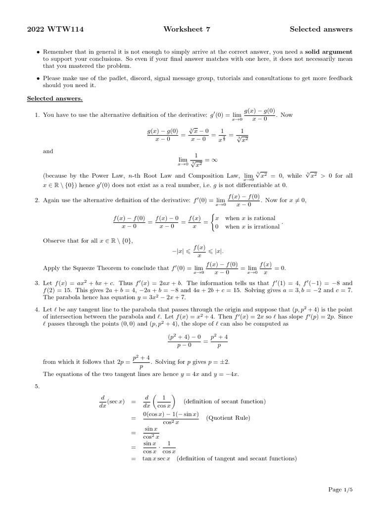 Calculus Worksheet 7 - Selected Answers | PDF | Trigonometric Functions ...