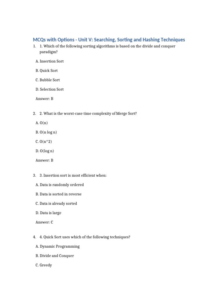 Unit V Searching Sorting Hashing Mcqs Pdf Time Complexity Applied Mathematics