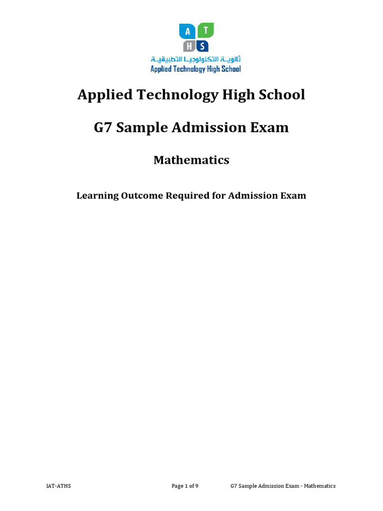 ATHS Sample Admission Exam G7 Mathematics | PDF
