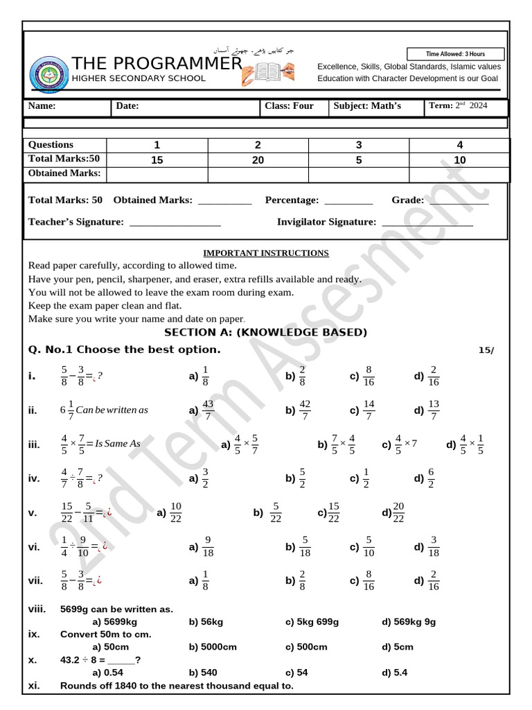Class Four Math's Paper 2nd Term 24 | PDF | Arithmetic | Mathematics