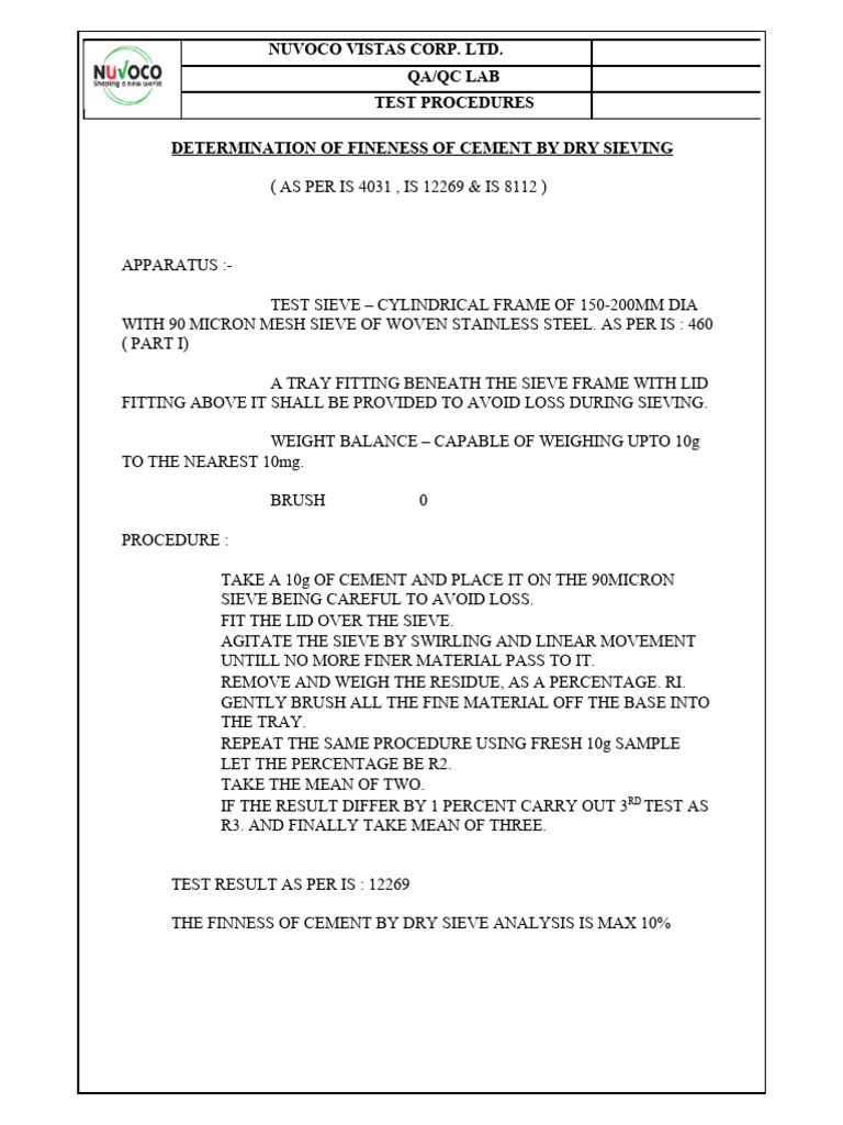 Cement Fineness Test by Dry Sieving | PDF