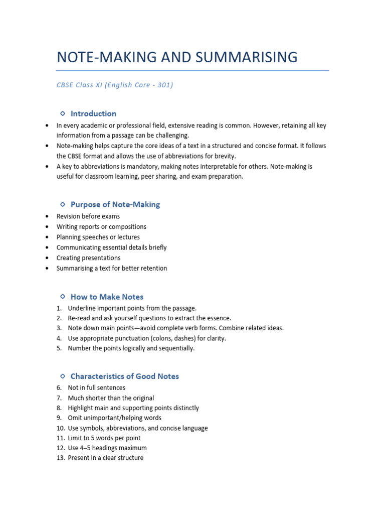 NoteMaking Summary CBSE XI | PDF | Phonics | Reading Comprehension