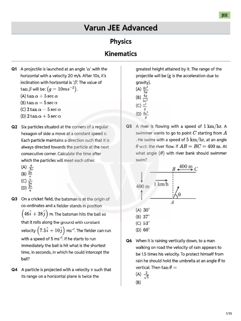 Practice Sheet-Varun JEE Advanced - Kinematics - Mohit Sir - Question ...