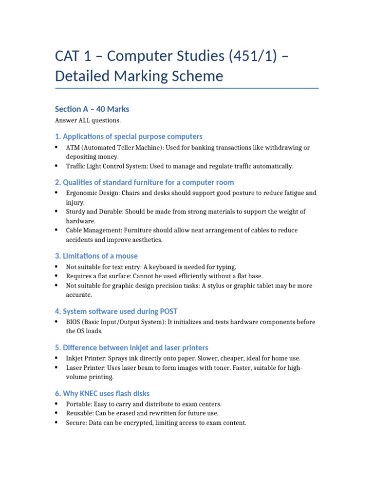 CAT1 Computer Studies Full Marking Scheme | PDF | Printer (Computing) | Office Equipment