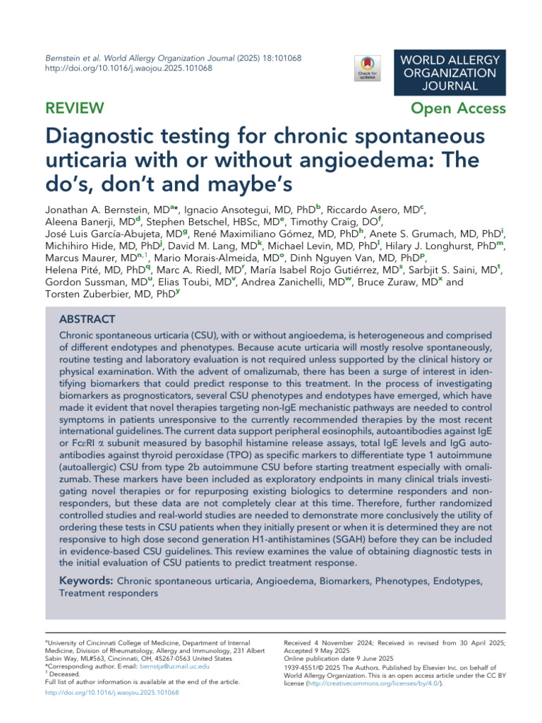 Diagnostic Testing For Chronic Spontaneous Urticar | PDF | Biomarker ...