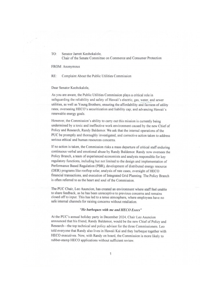 Hawaii Public Utilities Commission Whistleblower Complaint | PDF