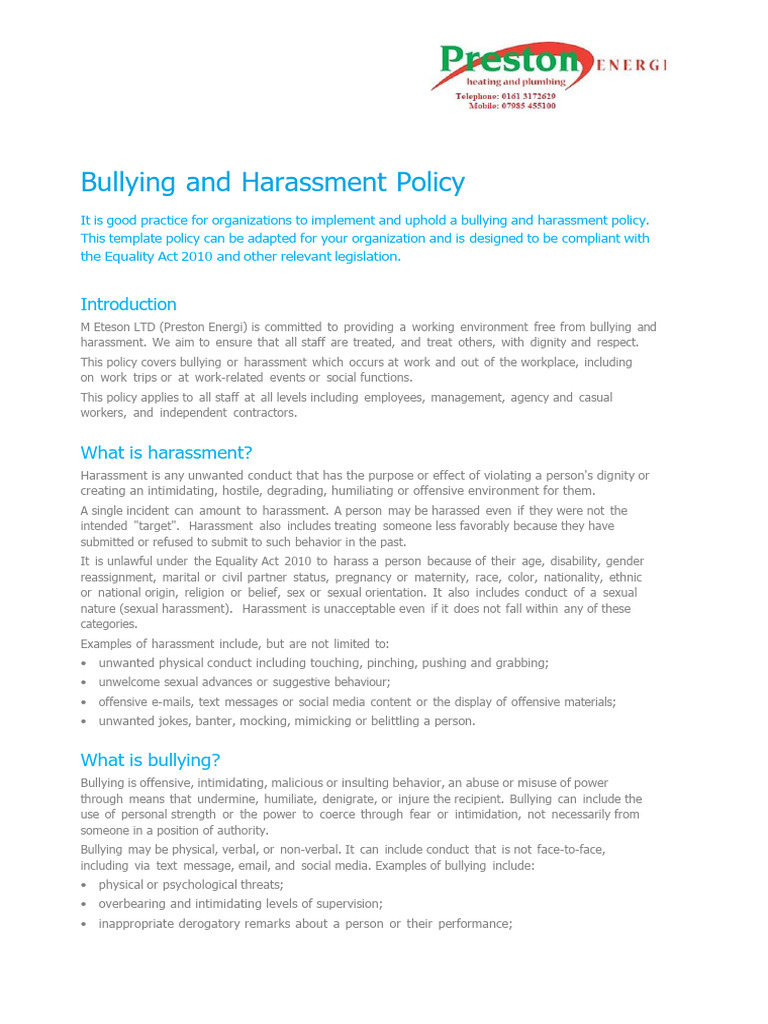 Bullying and Harassment Policy | PDF | Harassment | Bullying