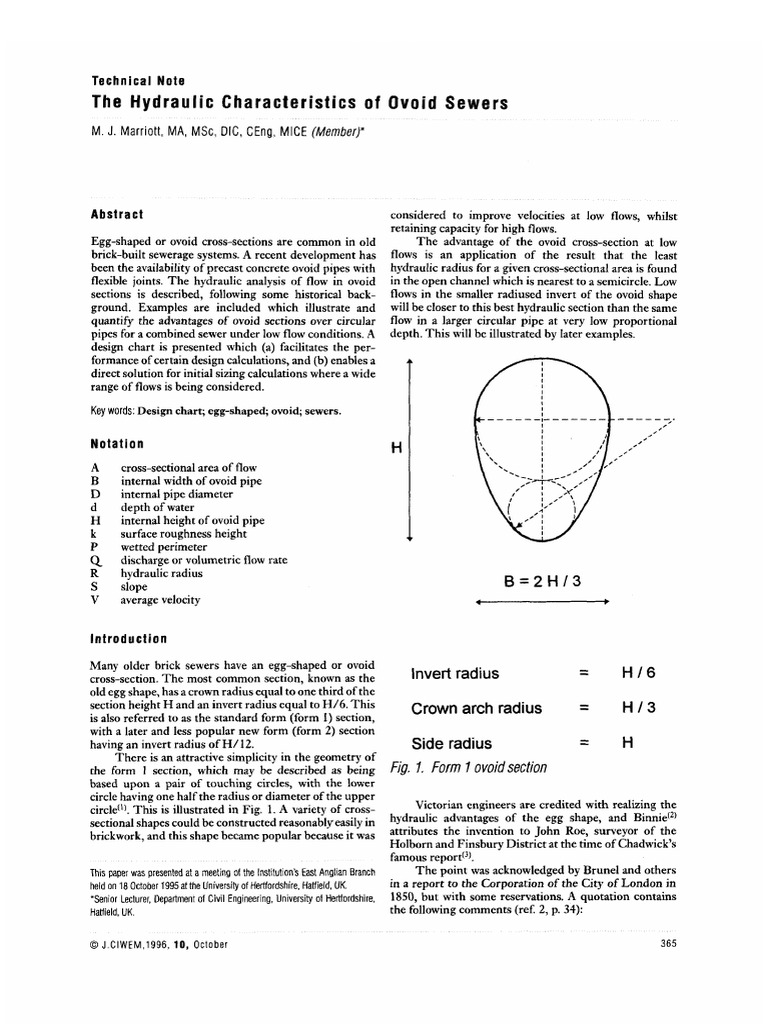 1996 Marriott The Hydraulic Characteristics of Ovoid Sewers | PDF ...