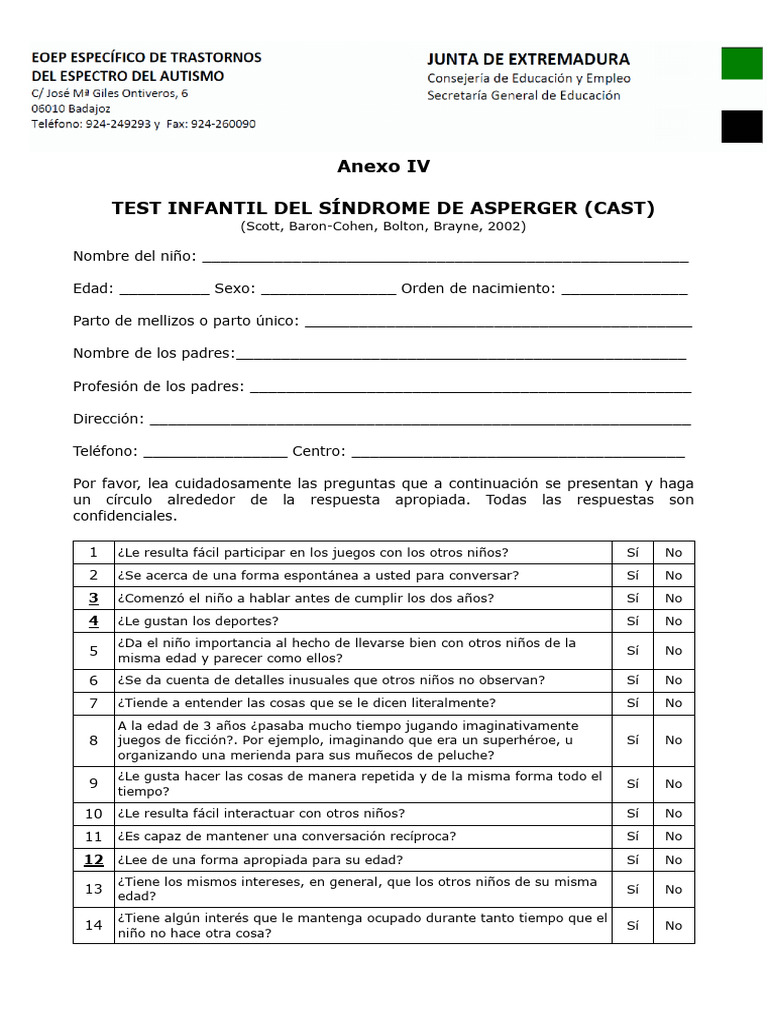 CAST Test S. Asperger PW | PDF | Síndrome de Asperger | Ciencias del ...