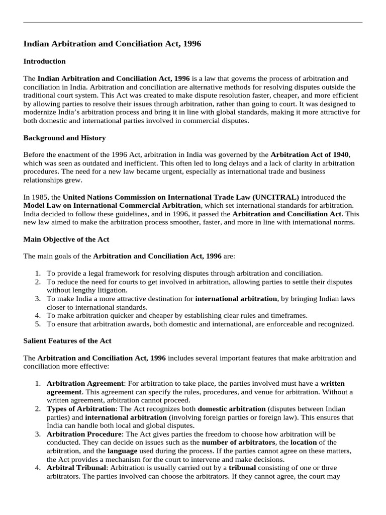Indian Arbitration Act Overview 1996 | PDF | Arbitration | Justice
