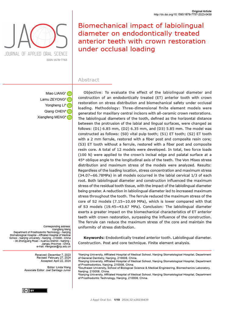 Biomechanical Impact of Labiolingual Diameter On Endodontically Treated ...