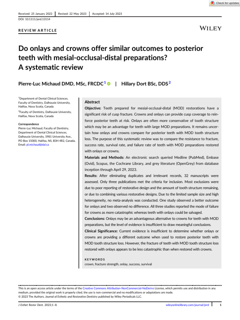 Onlays vs. Crowns for MOD Restorations | PDF | Dentistry Branches