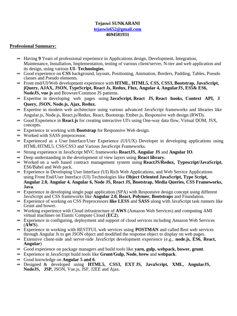 Tejaswi SUNKARANI - Frontend Resume | PDF | Angular Js | Java Script