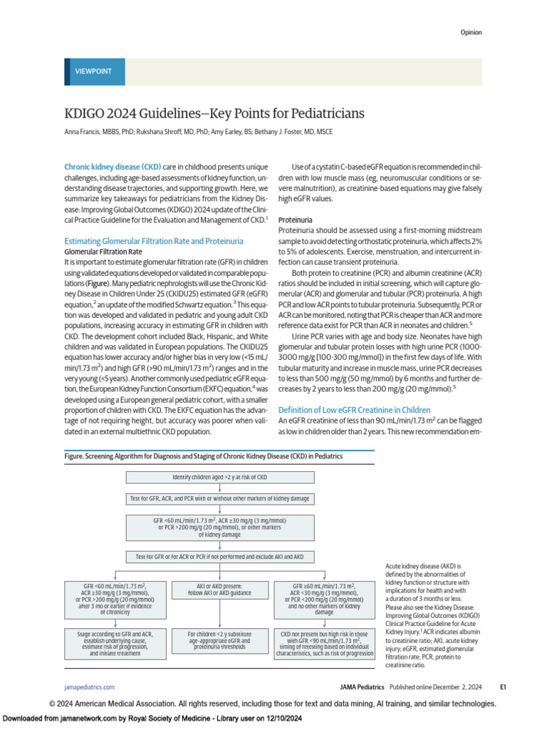 KDIGO CKD Guideline Summary Francis 2024 JAMAPediatrics | PDF | Chronic Kidney Disease | Urology