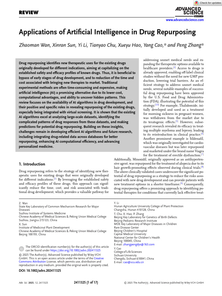 Advanced Science - 2025 - Wan - Applications of Artificial Intelligence ...