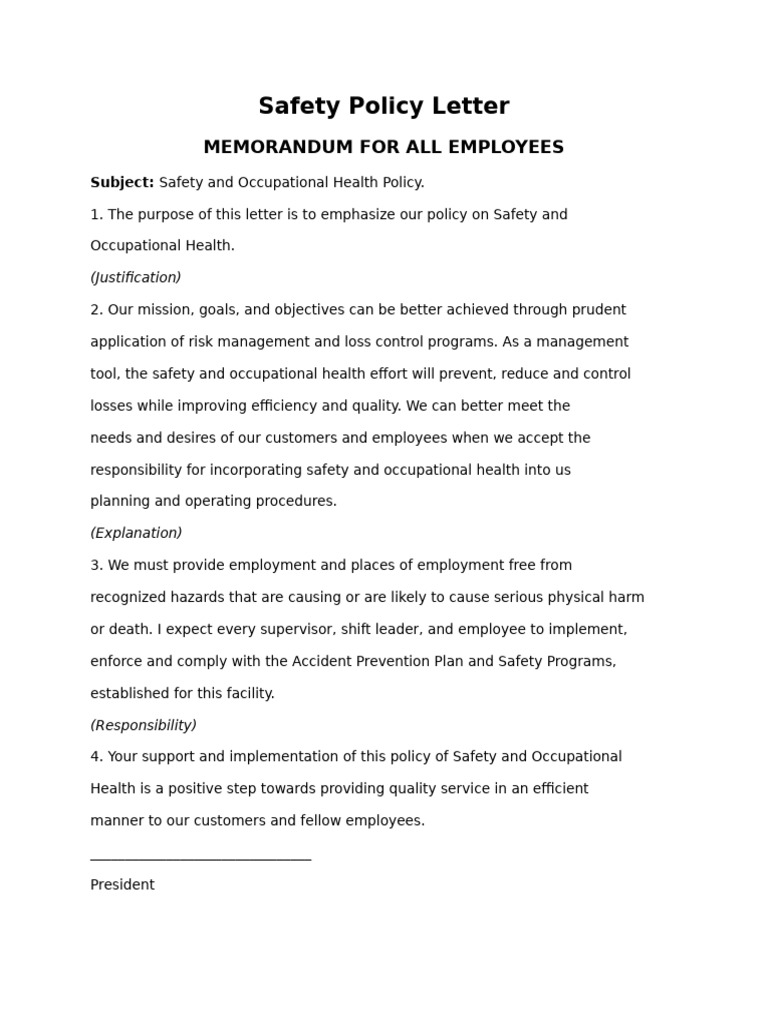 Safety Policy Letter Sample | PDF