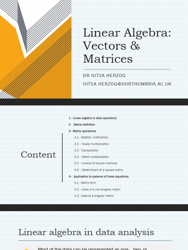 Linear Algebra, Vectors and Matrices Slides | PDF