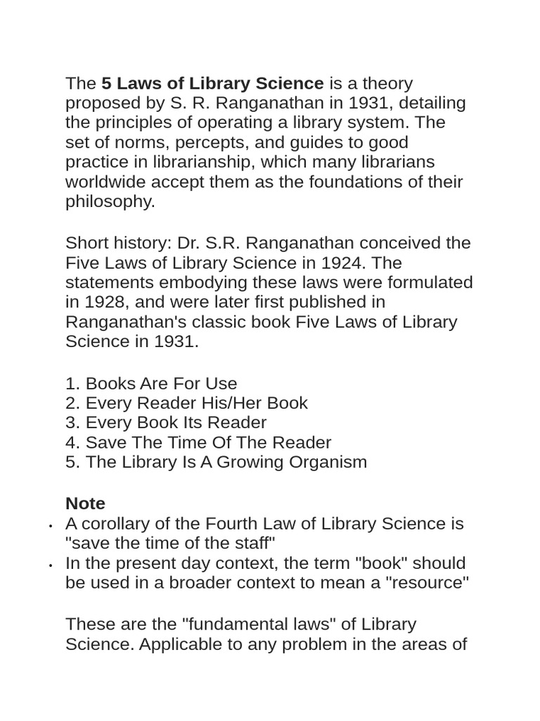 5 Laws of Library Science | PDF