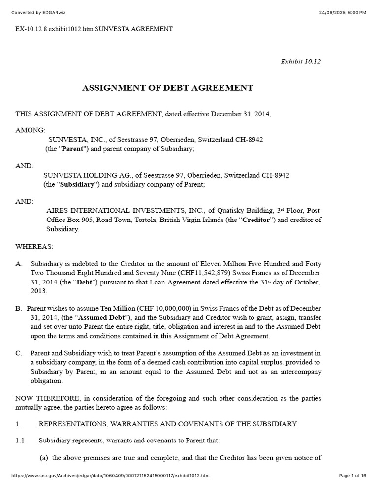 Debt Assignment Agreement 1 | PDF | Bankruptcy | Debtor