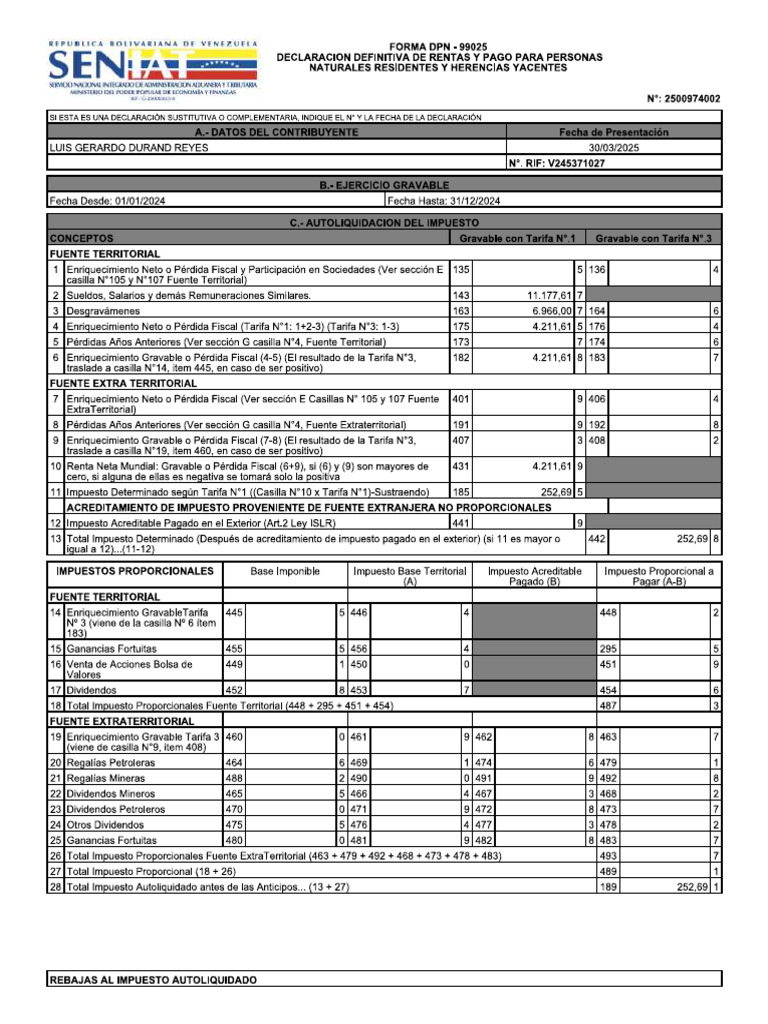 Declaracion ISLR Luis Durand 2024 | PDF