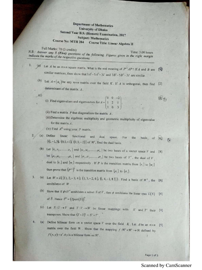 Linear Algebra-II Final Question DU | PDF