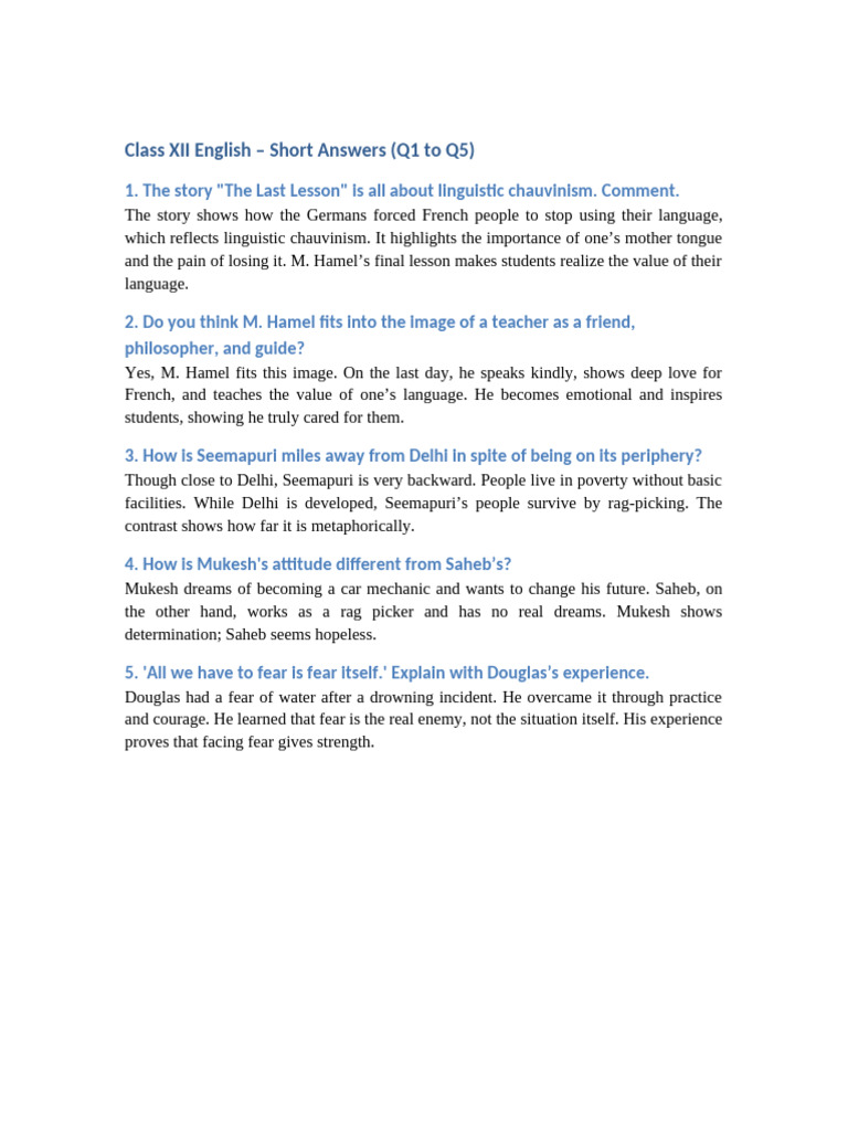 Class XII English Short Answers Q1 To Q5 | PDF