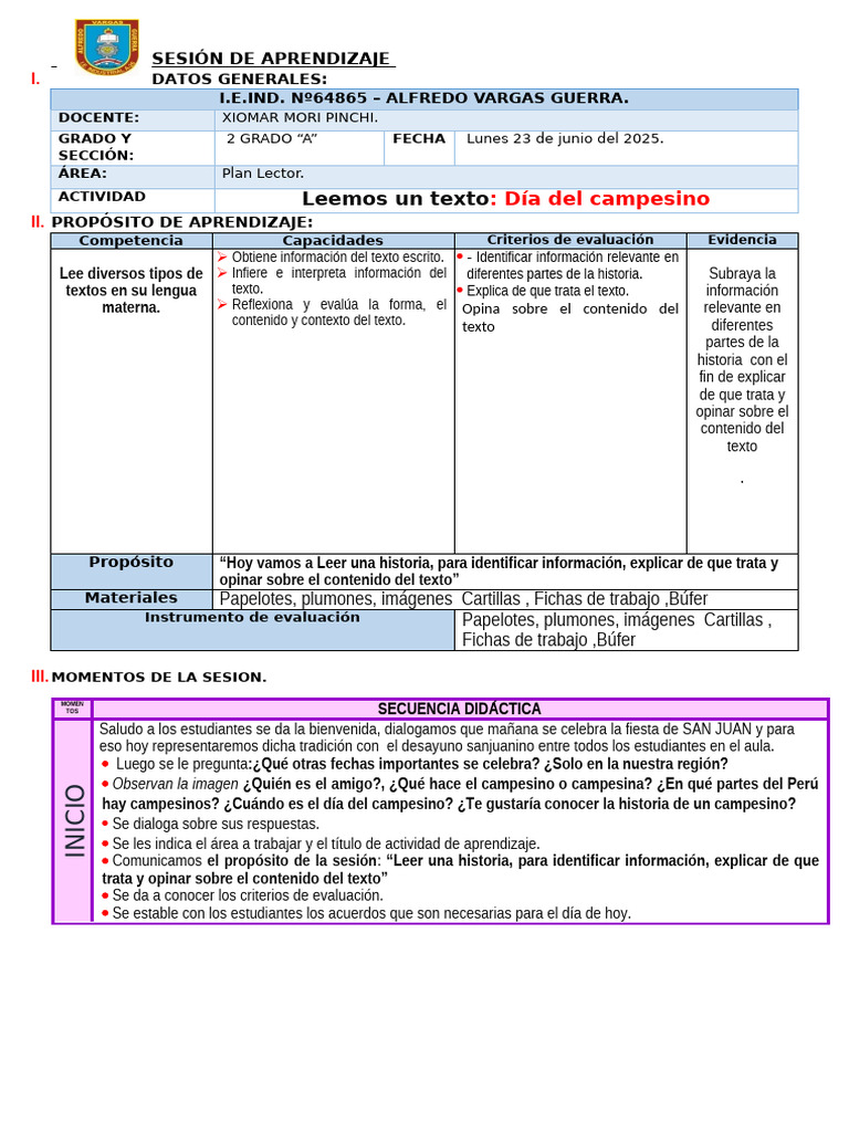 Sesión Leemos Juntos Día Del Campesino 2° Maestra Janet | PDF | Aprendizaje