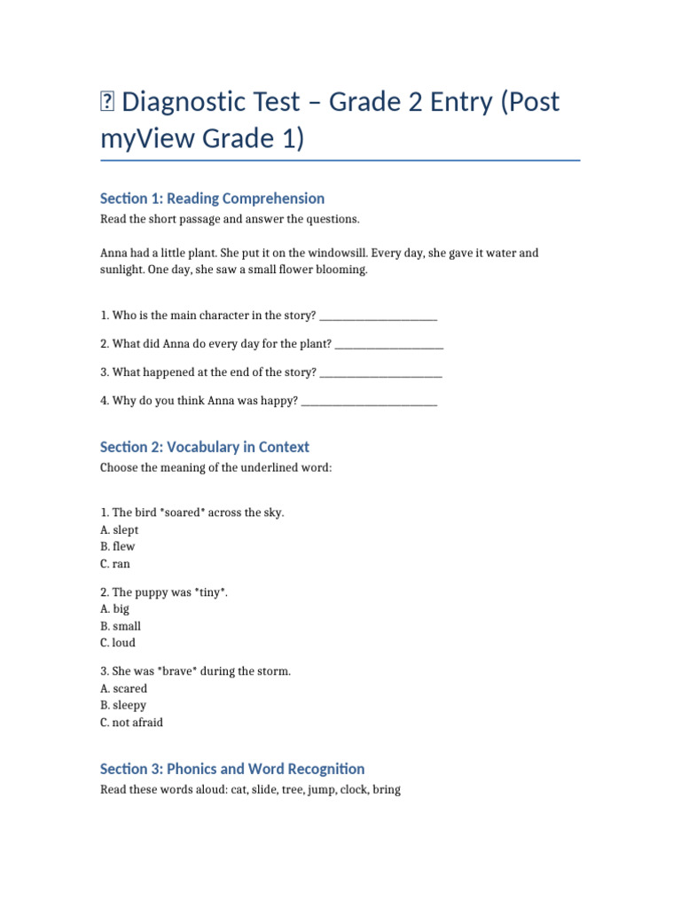 Grade 2 Diagnostic Test Overview | PDF