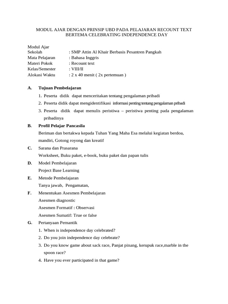 Modul Ajar Dengan Prinsip Ubd Pada Pelajaran Recount Text Bertema Celebrating Day | PDF
