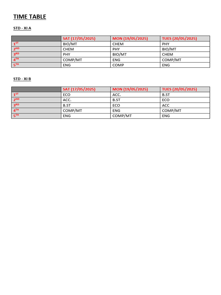 Class 11 Time Table | PDF