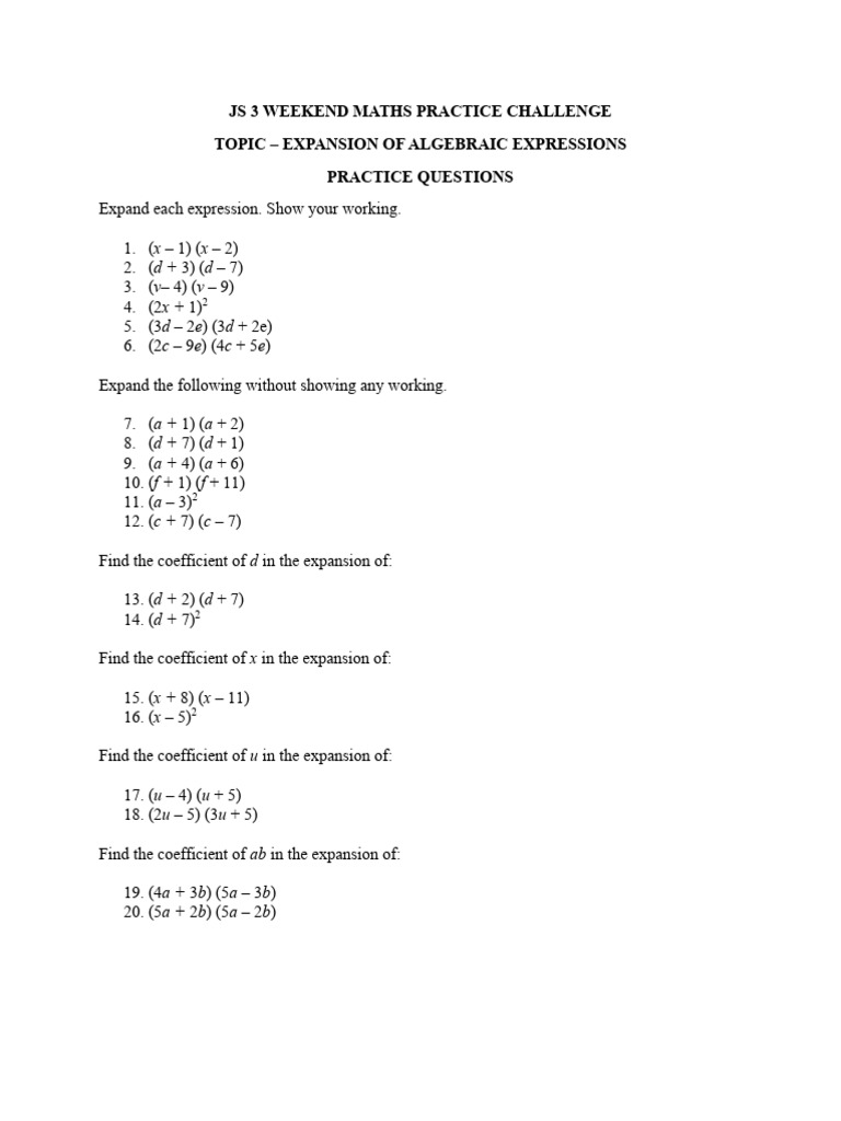 Algebraic Expressions Expansion Practice | PDF