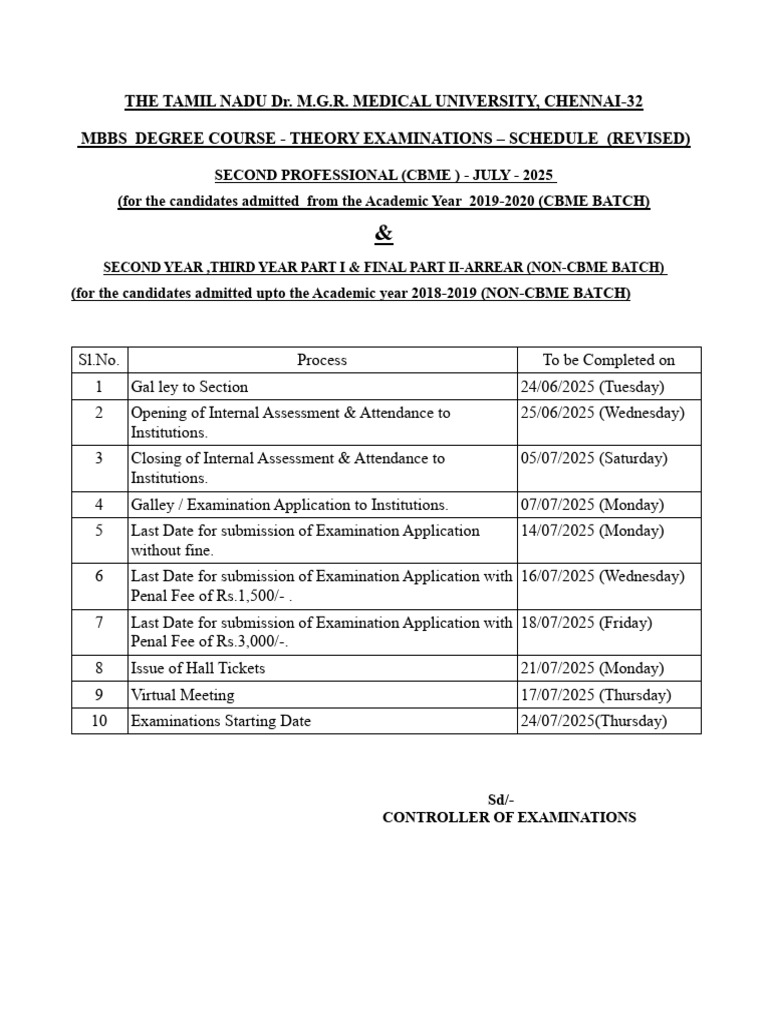 MBBS JUL2025 Schedule Revised | PDF