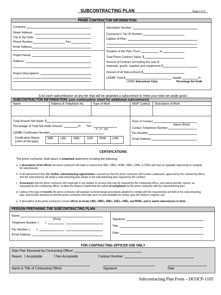 Subcontracting Plan Form 111605 | PDF | Subcontractor