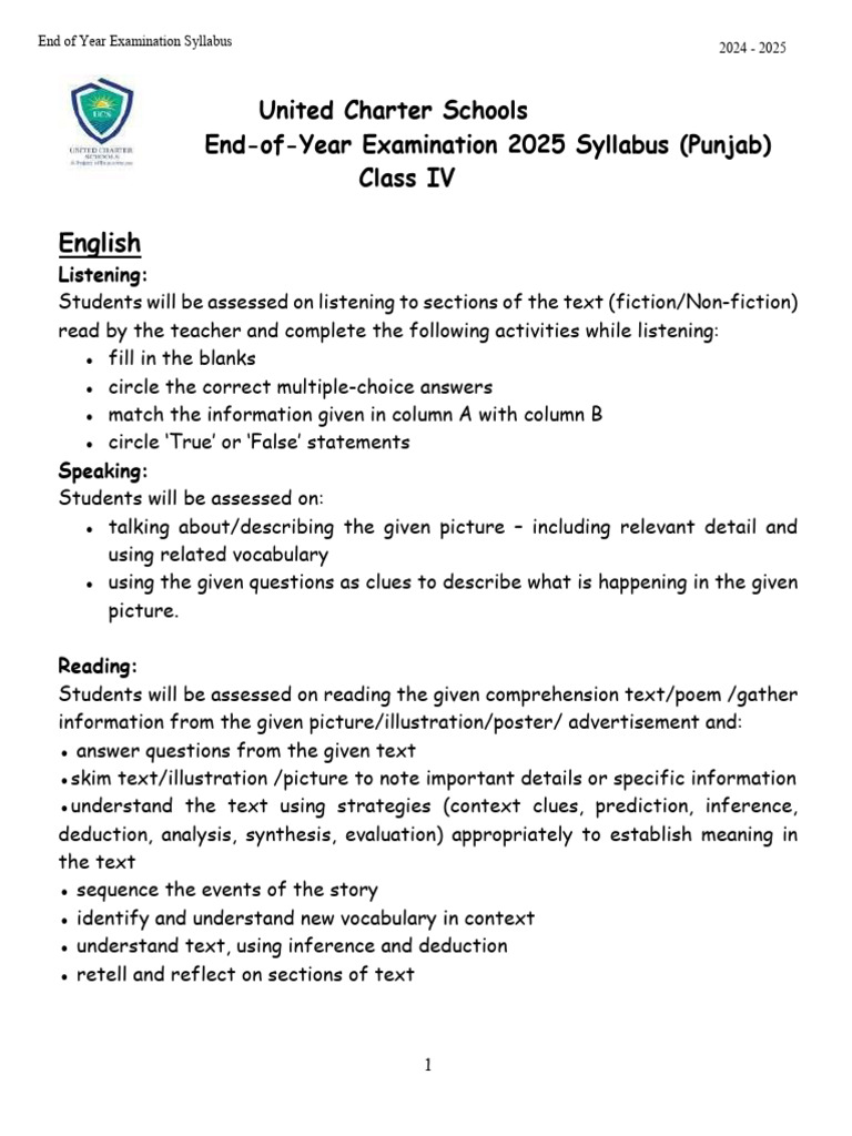 Class IV Syllabus EOY 2025 Punjab | PDF | Word | Reading Comprehension