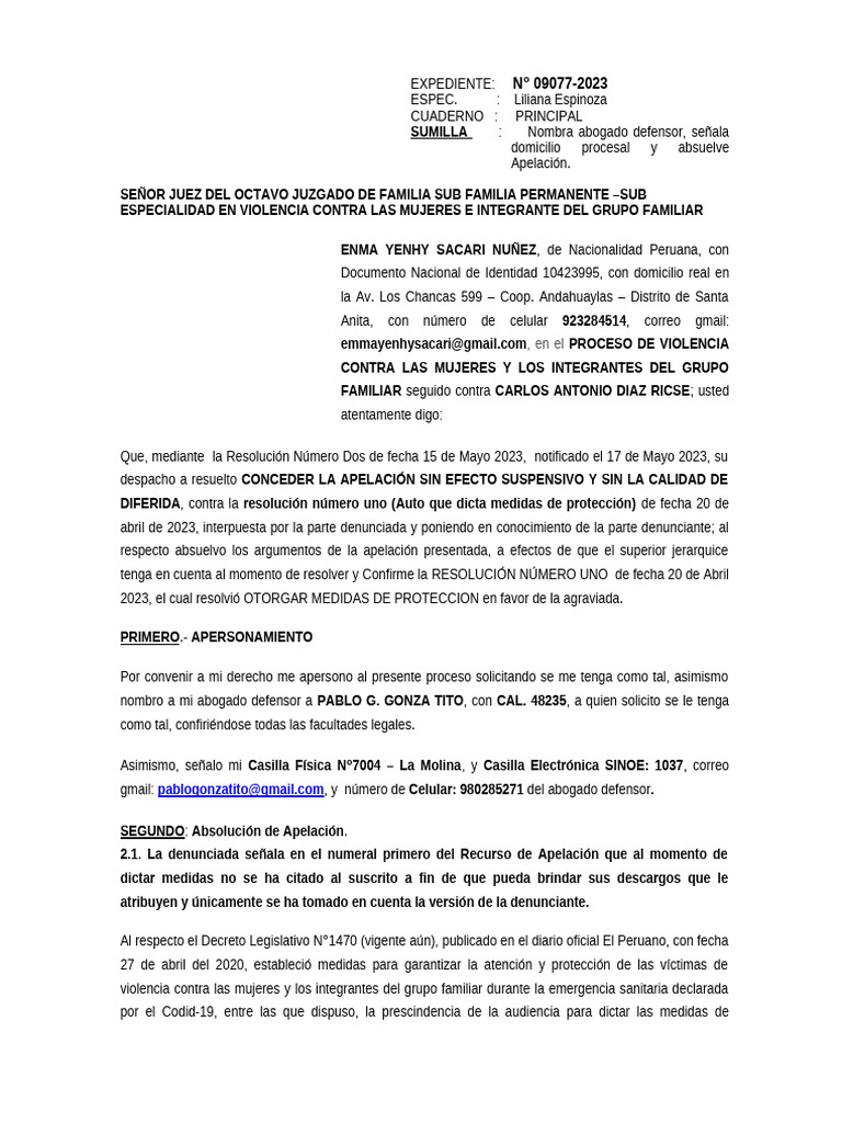 Absuelve Apelacion - Enma Sacari - Violencia Familiar | PDF | Verdad | Ira