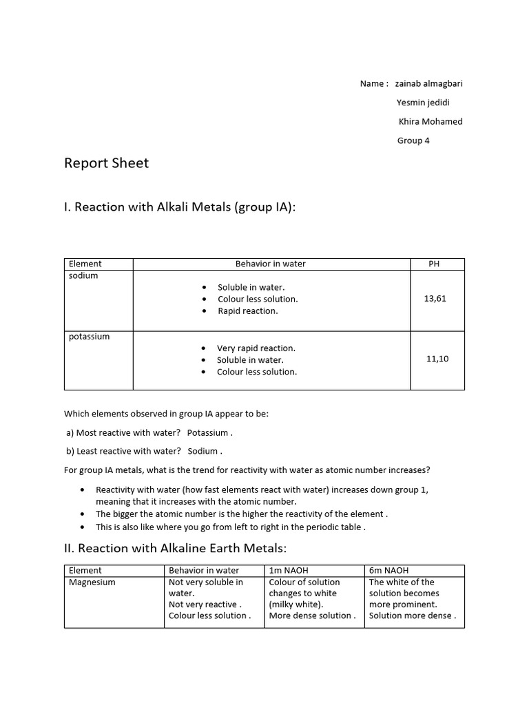 Reactivity of Alkali and Alkaline Metals | PDF | Sodium Hydroxide ...