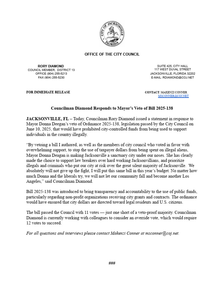 Councilman Diamond Responds To Mayor's Veto of Bill 2025-138 | PDF ...