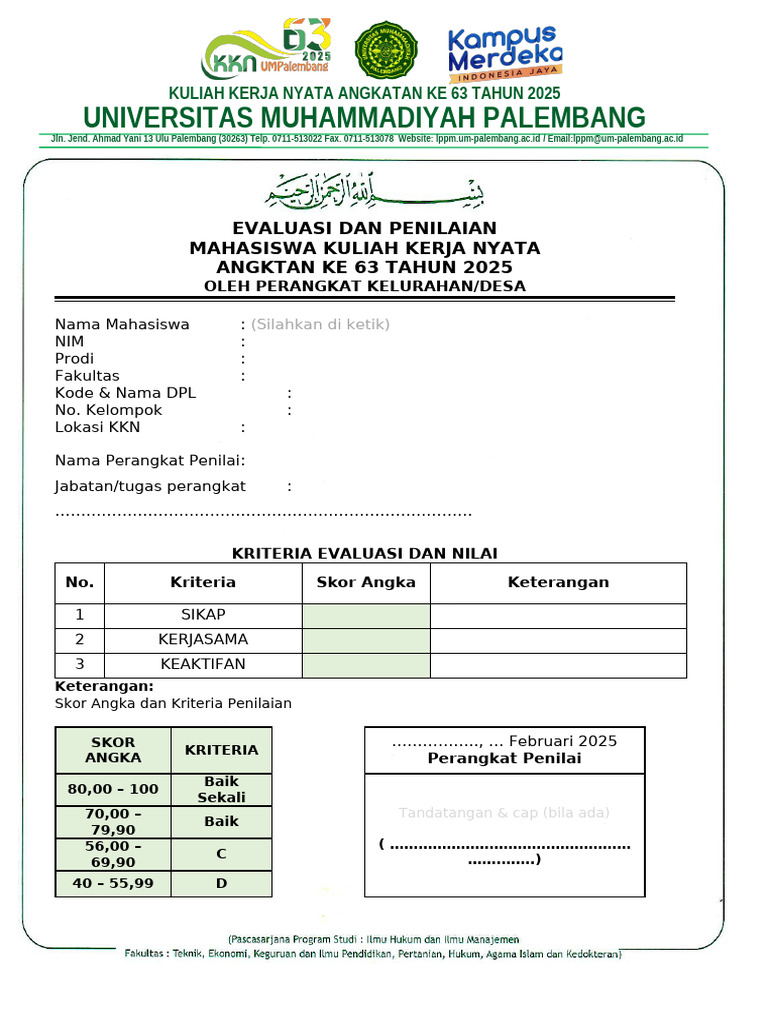 Evaluasi Dan Penilaian Mahasiswa KKN A 63 Tahun 2025 Kades Lurah | PDF