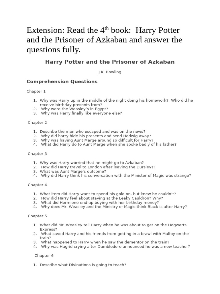 Prisoner of Azkaban Comprehension Questions | PDF | Harry Potter ...