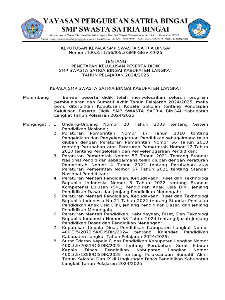 2 Contoh SK Penetapan Kelulusan SD-SMP - 2024-2025 | PDF